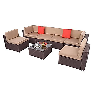 New Outdoor Courtyard Modular Furniture Set 7-Piece Rattan Sofa, Rattan Garden deep seat Dialogue Sofa with seat Cushion Tempered Glass Table