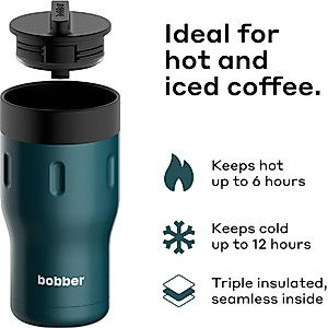 BOBBER 12 oz Stainless Steel Insulated Coffee Mug with Lid 100% Spill-Proof Commuter Mug for Car Cup Holder Dishwasher Safe Thermal Mug for Men, Women, Keeps Hot for 6 Hours (Teal)
