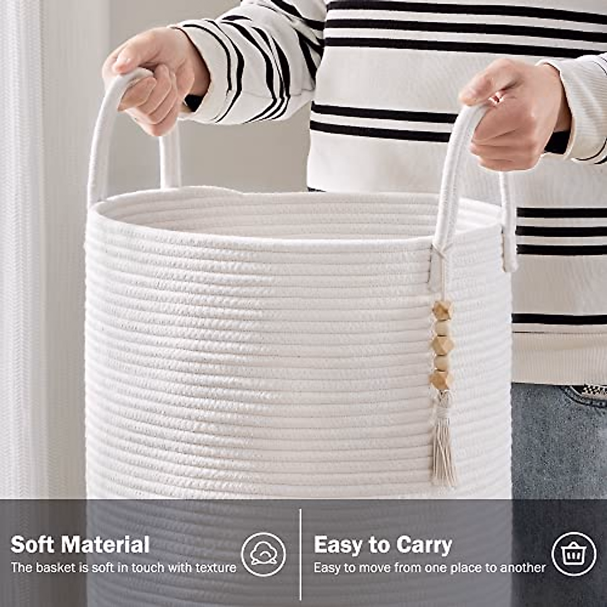 YOUDENOVA Cotton Rope Laundry Hamper Basket, 58L Tall Woven Collapsible Baskets for Blanket Organizing Clothes Hamper for Laundry Room Storage