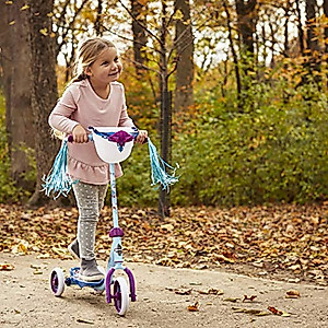 Huffy 78919 Frozen 2 Girl Scooter for Kids, Elsa & Anna Graphics, Handlebar Bin, Preschool Three Wheels & Streamers, Blue/White