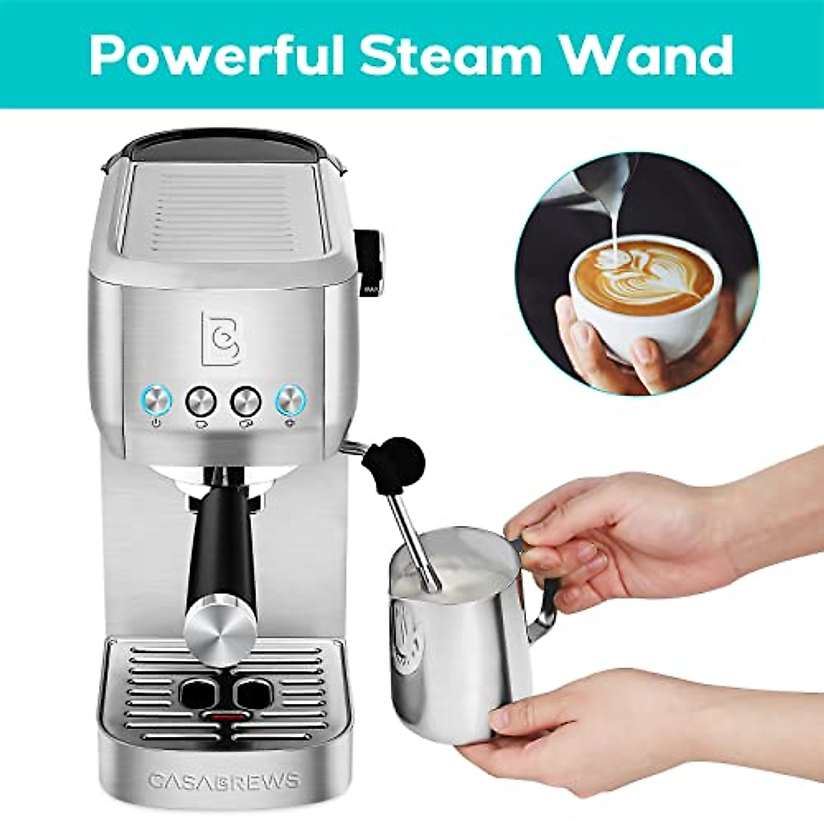 CASABREWS Espresso Machine 20 Bar, Professional Coffee Maker Cappuccino Latte Machine with Steam Milk Frother, Espresso Coffee Machine with 49oz Removable Water Tank, Stainless Steel, Gift for Dad Mom