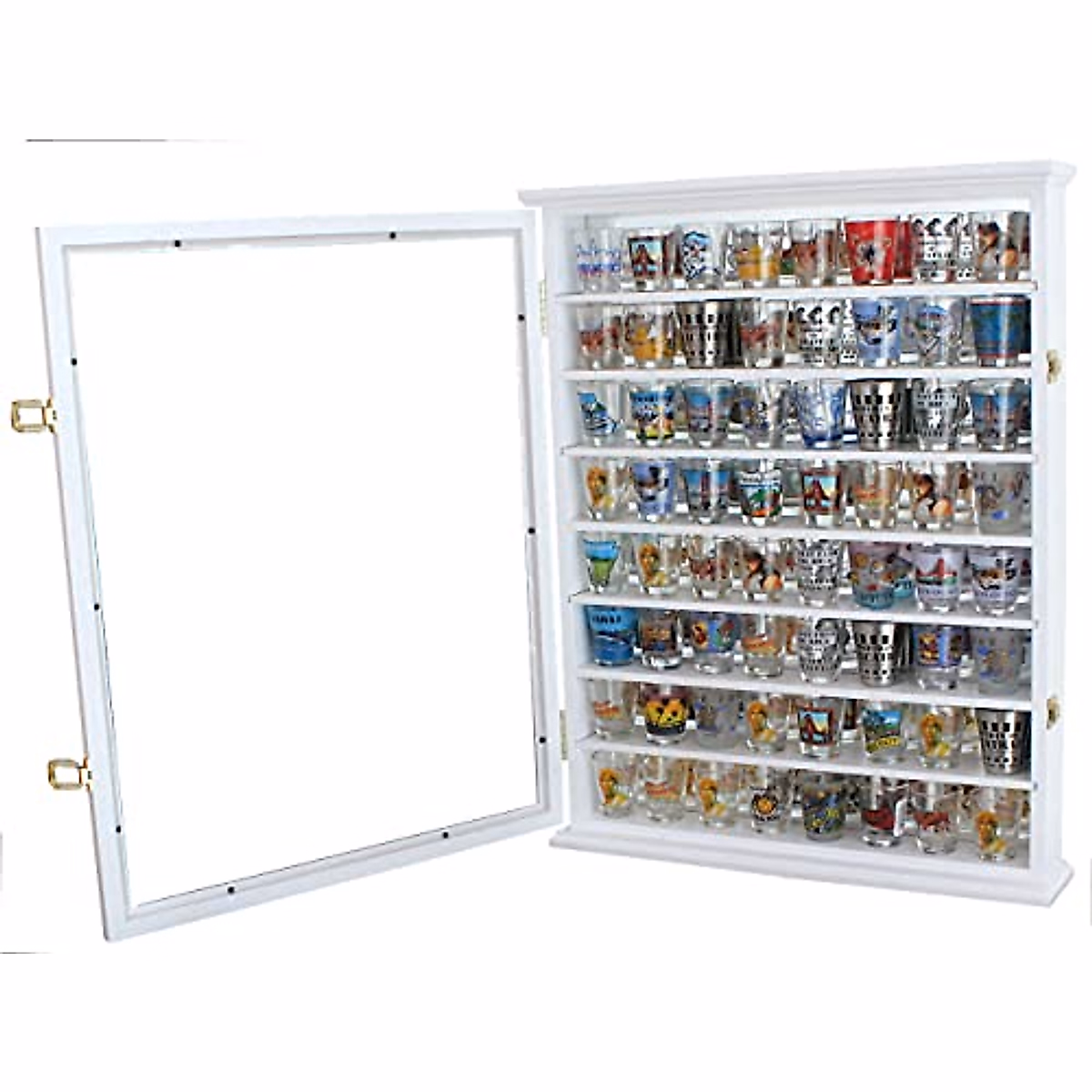 Shot Glass Display Case Solid Wood Wall Shot Glass Cabinet Rack Holder Lockable with UV Protection Acrylic Glass Door Shot Glass Collection Display Cabinet Mirror Back (White Finish)