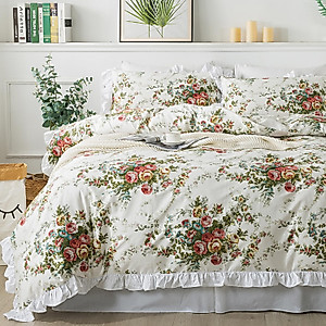 FADFAY Floral Duvet Cover Set Queen Size 100% Cotton Ruffle Vintage Rose Comforter Cover Set, Red Teal Flower Printed Off White Girls Shabby Bed Covers,Soft and Breathable Queen Size, 3 Pcs