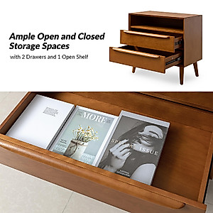 HULALA HOME Nightstand with Charging Station, Set of 2 Mid-Century Modern 2 Drawer and Open Shelf Dresser for Bedroom, Fluted Bedside Table, Acorn