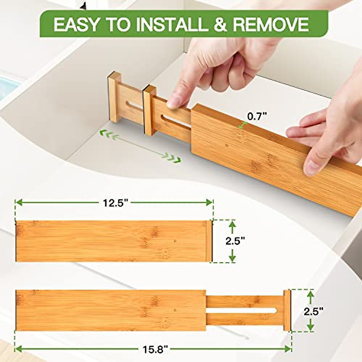 Pipishell Bamboo Drawer Dividers Organizers Adjustable Expandable Wooden Separators Organization for Kitchen Bedroom Bathroom Dresser 4 Pack (12.5-15.8 inch)