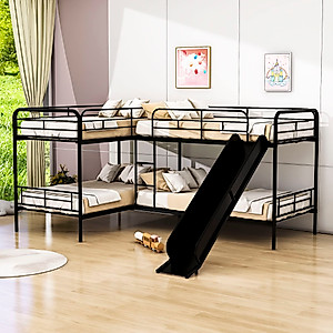Twin Size L-Shaped Bunk Bed with Slide for 4, Metal Twin Bunk Bed Frame with Ladder, Bedroom Living Room