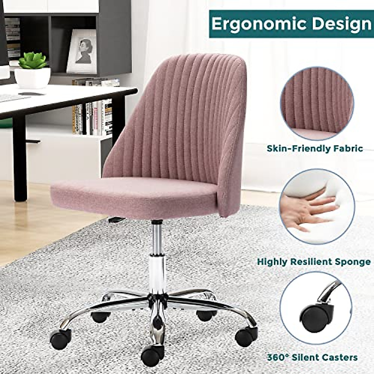 SMUG Home Office Desk Chair, Office Chairs Desk Chair Rolling Task Chair Computer Chair Adjustable with Wheels Armless for Bedroom, Vanity Chair for Makeup Room, Living Room, Hermosa Pink