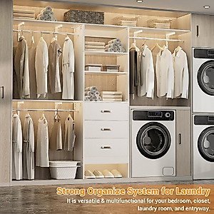 Cyclysio Closet System, 8FT Closet Organizer System with 3 Wooden Drawers, 96'' Walk-in Closet with 3 Hanging Rods & 3 Shelf Tower, Adjustable Wall Mount Closet Organizer, Build-in Garment Rack,White