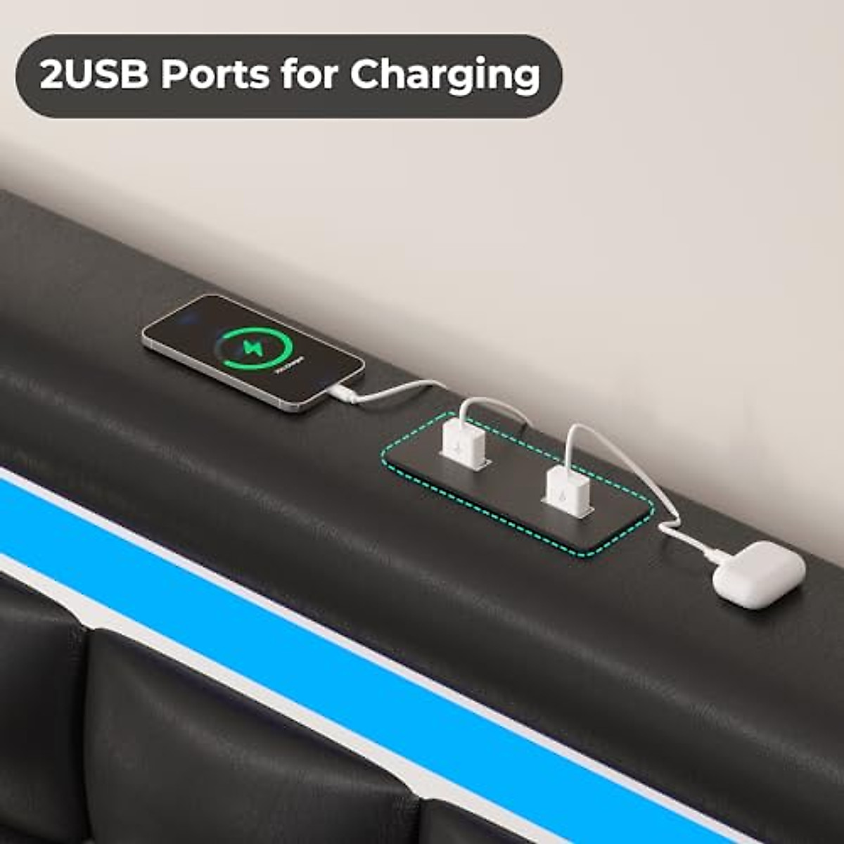 BTHFST King Size Bed Frame with LED Lights,PU Leather Bed with Storage Drawers & Adjustable Headboard,Platform Bed with Power Outlets,Noise-Free,Black