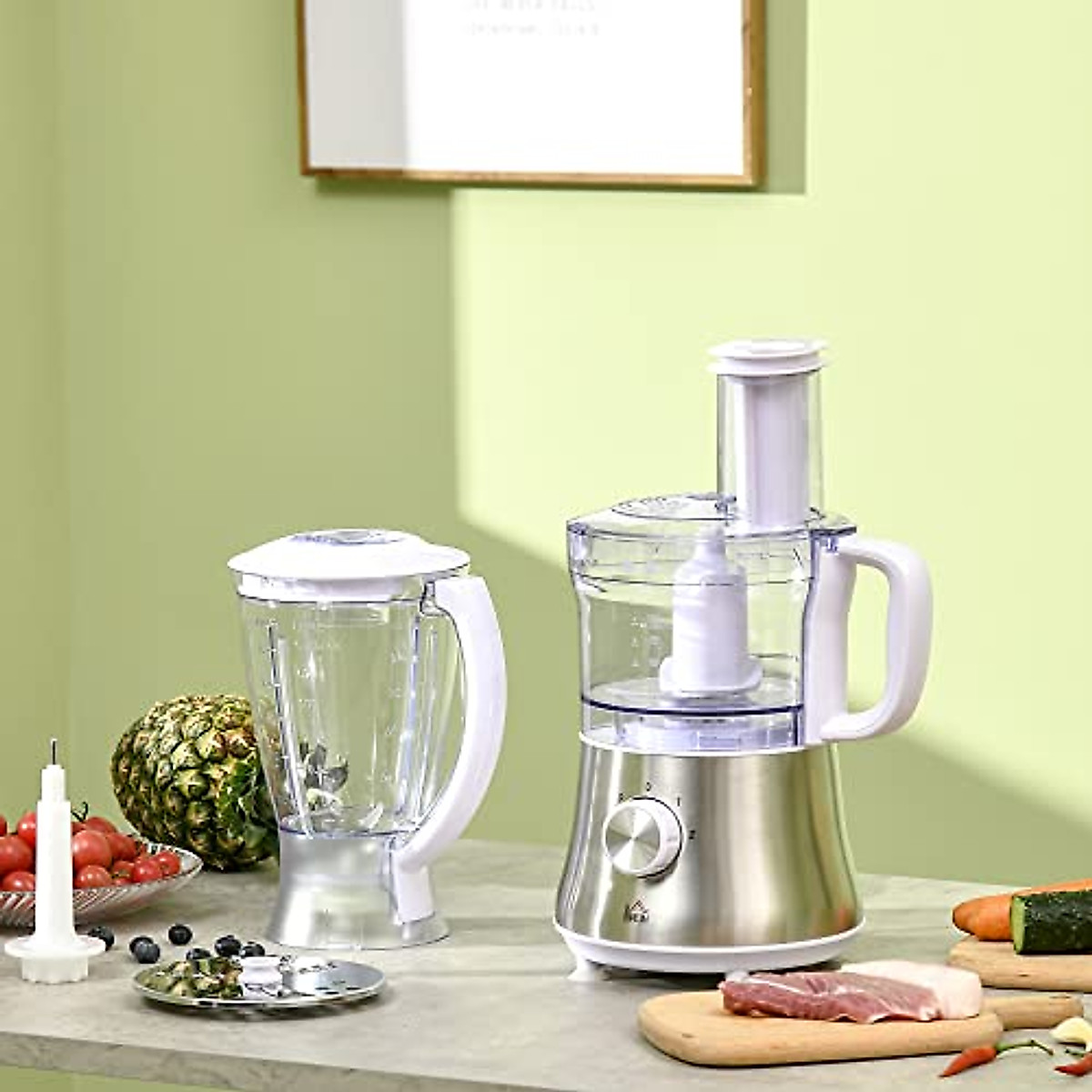 HOMCOM 2 in 1 Blender, Food Processor Combo for Chopping, Slicing, Shredding, Mincing, Pureeing for Vegetable, Meat and Nuts, 500W 5-Cup Bowl, 1.5L Blender Jug, 3 Blades