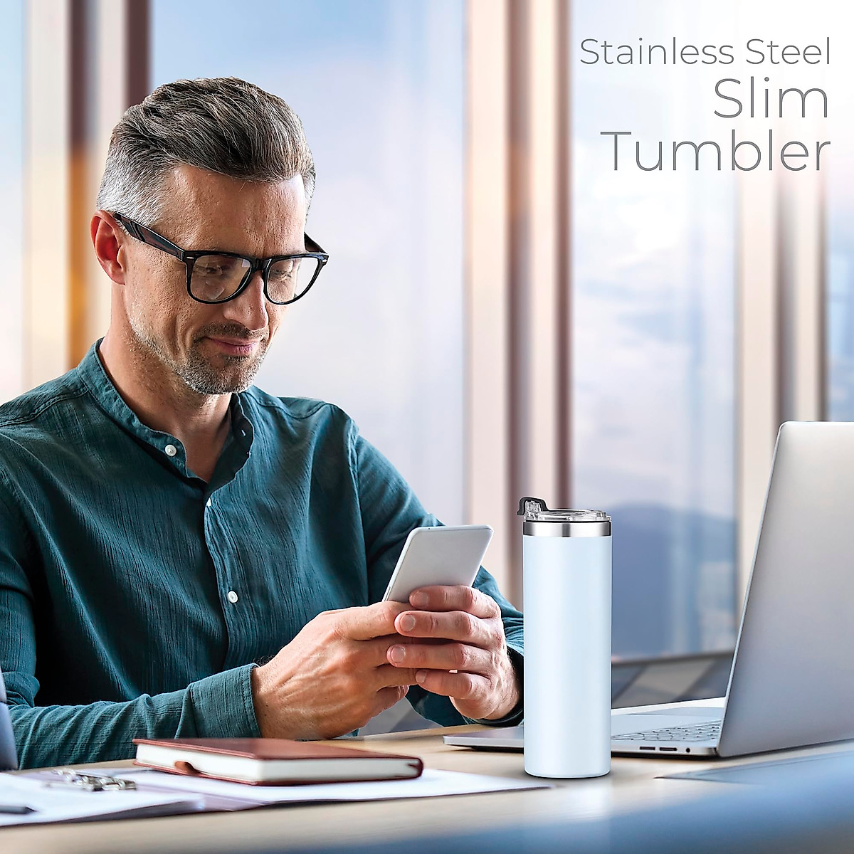 SIPX™ Triple-Insulated Tumblers - 18 Oz. Slim Modern Tumbler With Lid, insulated Cup Keeps Hot For 12 Hours, Stainless Steel Tumbler Made Of Sustainable Material, Coffee Travel Mug (Blue)