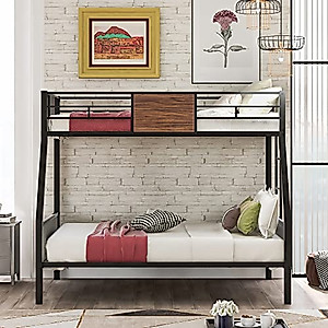 Merax Modern Twin Over Full Heavy Metal Bunk Bed with Full Length Rail for Junior,Teens, Adults/Space-Saving/No Box Spring Needed Black