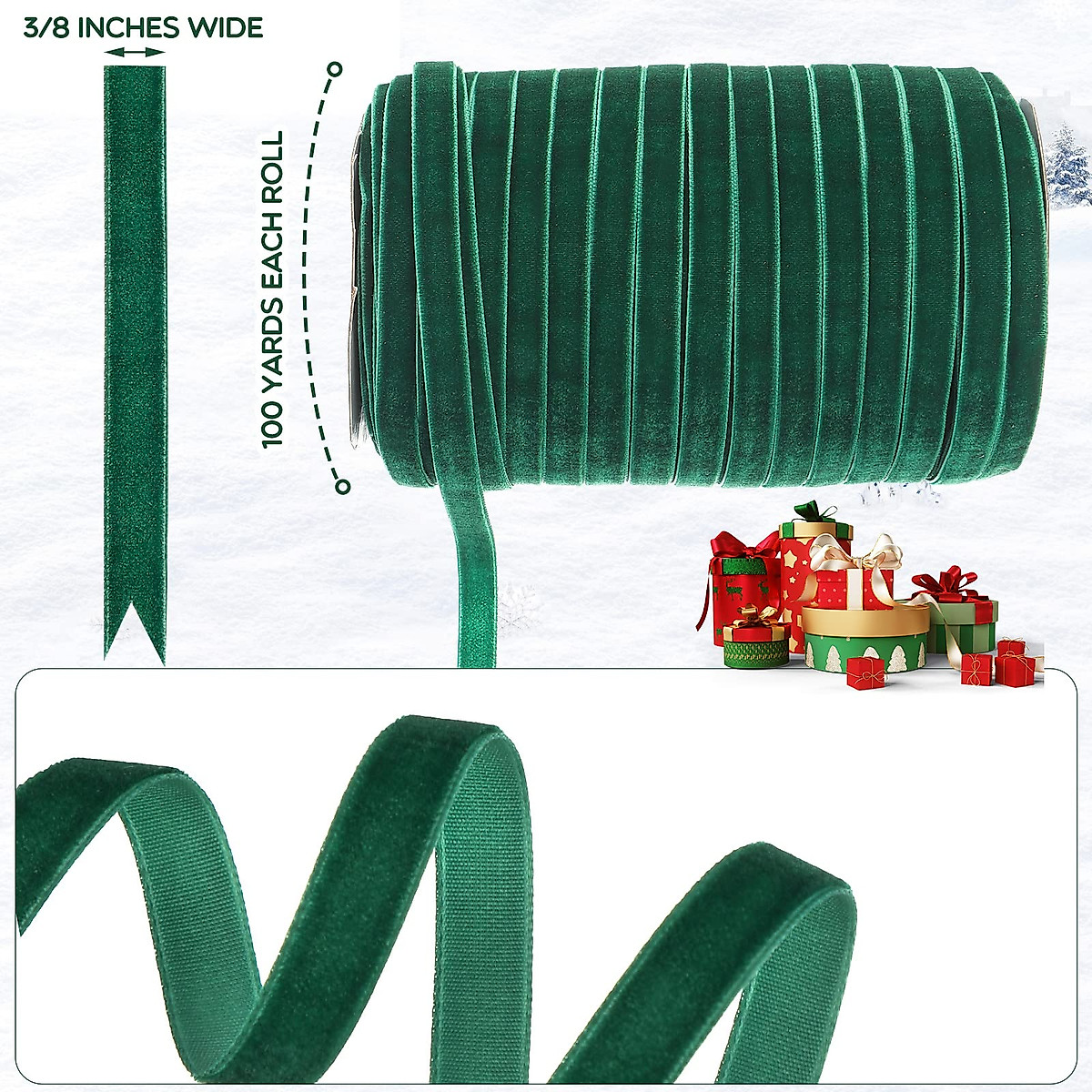 Syhood 100 Yards Christmas Ribbon Spool 3/8 Inch Rustic Crafts Gift Bows Ribbon Velvet Christmas Wreath Bow for Christmas(Green, 3/8 Inch x 100 Yard)