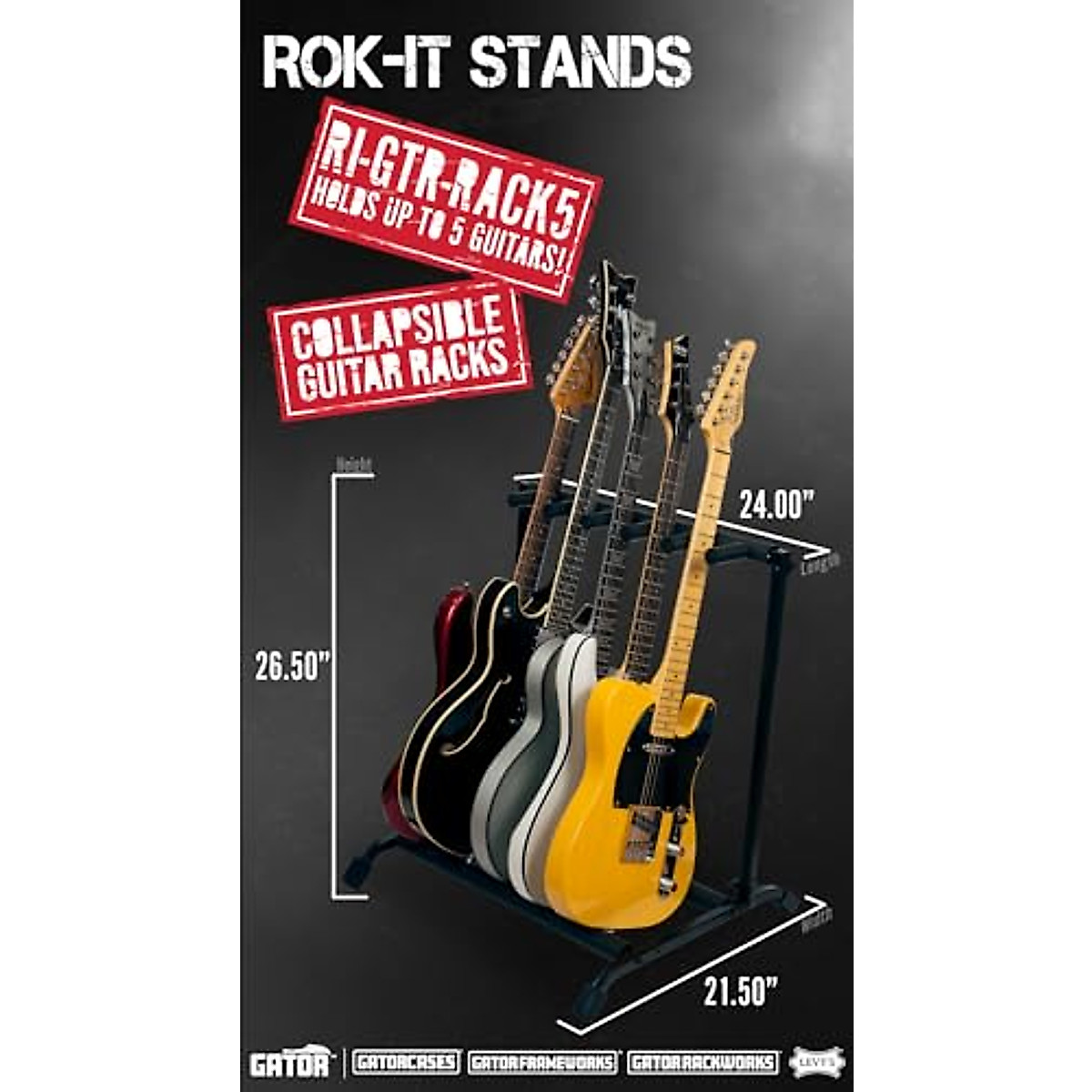 Rok-It Multi Guitar Stand Rack with Folding Design; Holds up to 5 Electric or Acoustic Guitars (RI-GTR-RACK5)