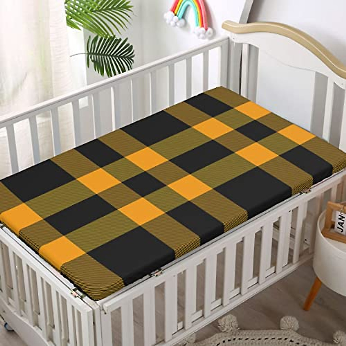 Plaid Themed Fitted Crib Sheet,Standard Crib Mattress Fitted Sheet Soft Toddler Mattress Sheet Fitted-Crib Mattress Sheet or Toddler Bed Sheet,28“ x52“,Black and Orange