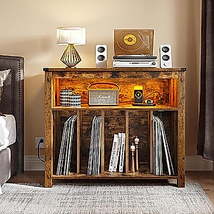 YITAHOME Large Record Player Stand with Power Outlets & LED Lights, Vinyl Record Storage Table with Display Shelf Holds Up to 200 Albums, Turntable Stand for Living Room, Bedroom, Brown