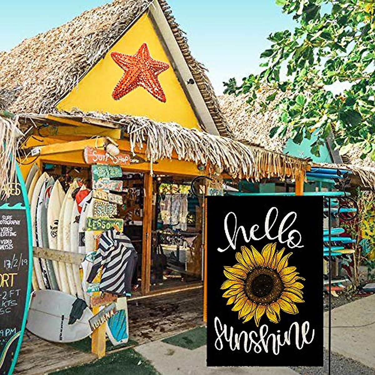 CROWNED BEAUTY Hello Sunshine Summer Garden Flag Sunflower Black 12×18 Inch Double Sided Burlap Vertical Yard Outside Flag