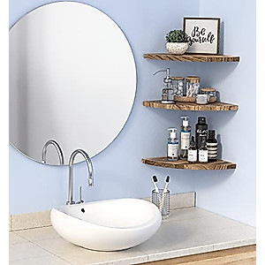DELFOY Wall Mounted Rustic Wood Round Edge Corner Shelf Storage Rack, Bookcase, Floating Shelves Home Decor for Bedroom, Living Room, Office and Kitchen, Set of 3 (Round Edge)