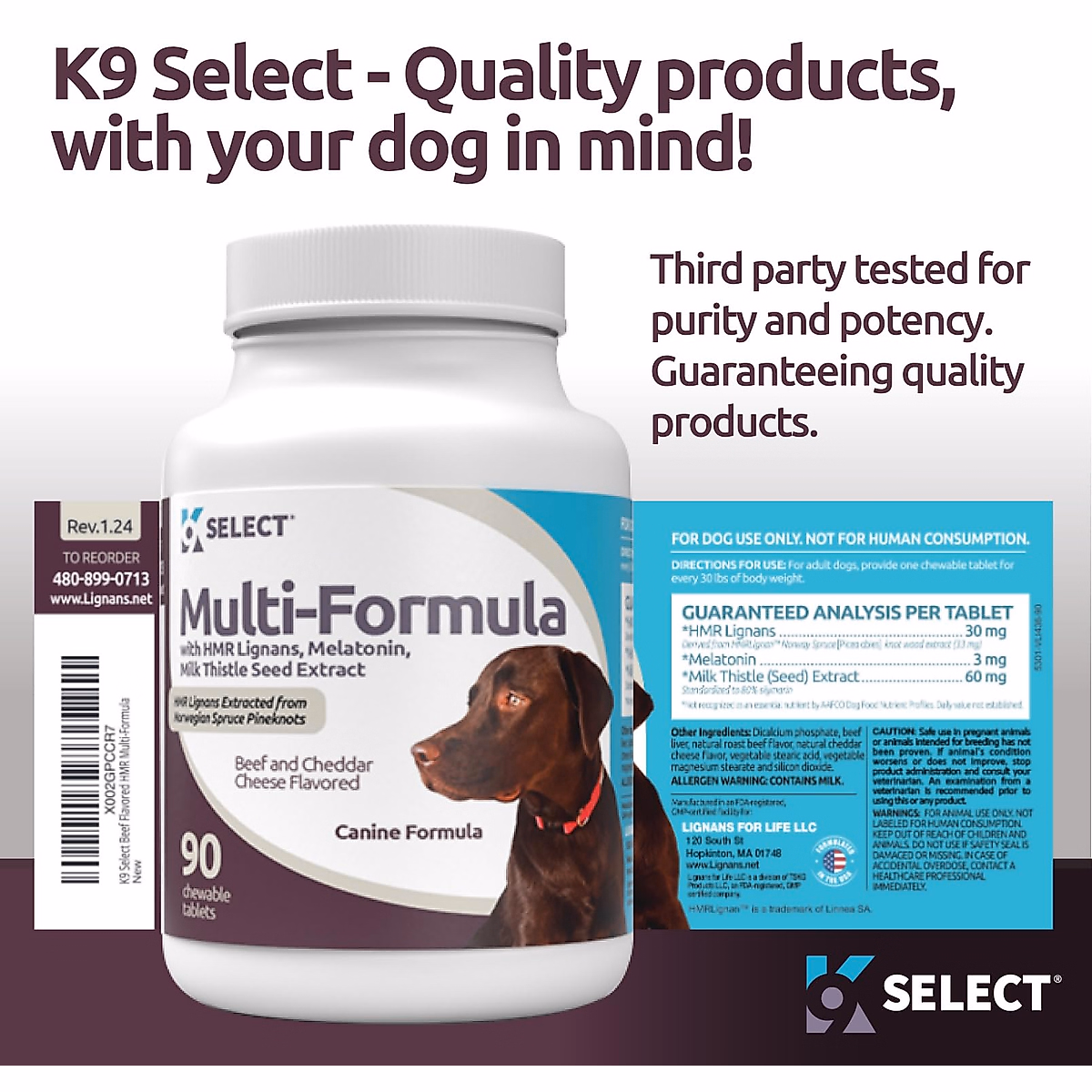 K9 Select Multi-Formula Dog Vitamins for Large Dogs - 30mg HMR Lignans, 3mg Melatonin, 60mg Milk Thistle - Helps Heart, Liver, Digestion, Skin & Coat Health, Dog Multivitamin, 90 Tablets, Beef Flavor