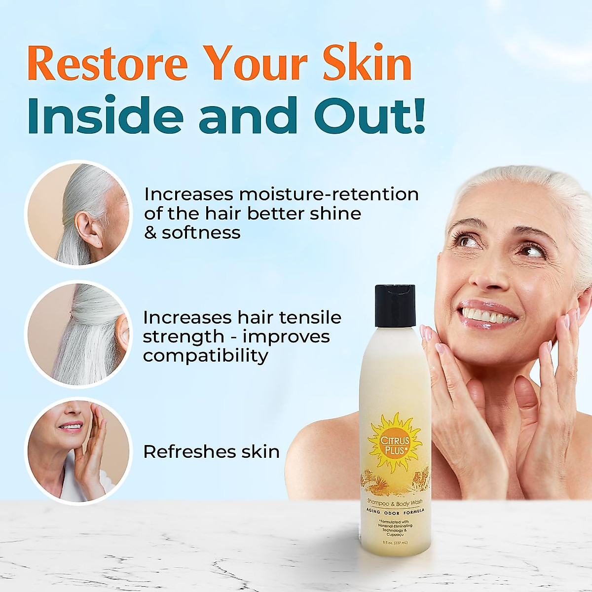 Deodorizing Citrus Plus Elder Shampoo and Body Wash by BoaVida with new leak-proof caps, Soap Made with Persimmon to Treat the Presence of Nonenal and Remove Old Person Smell, 8 oz