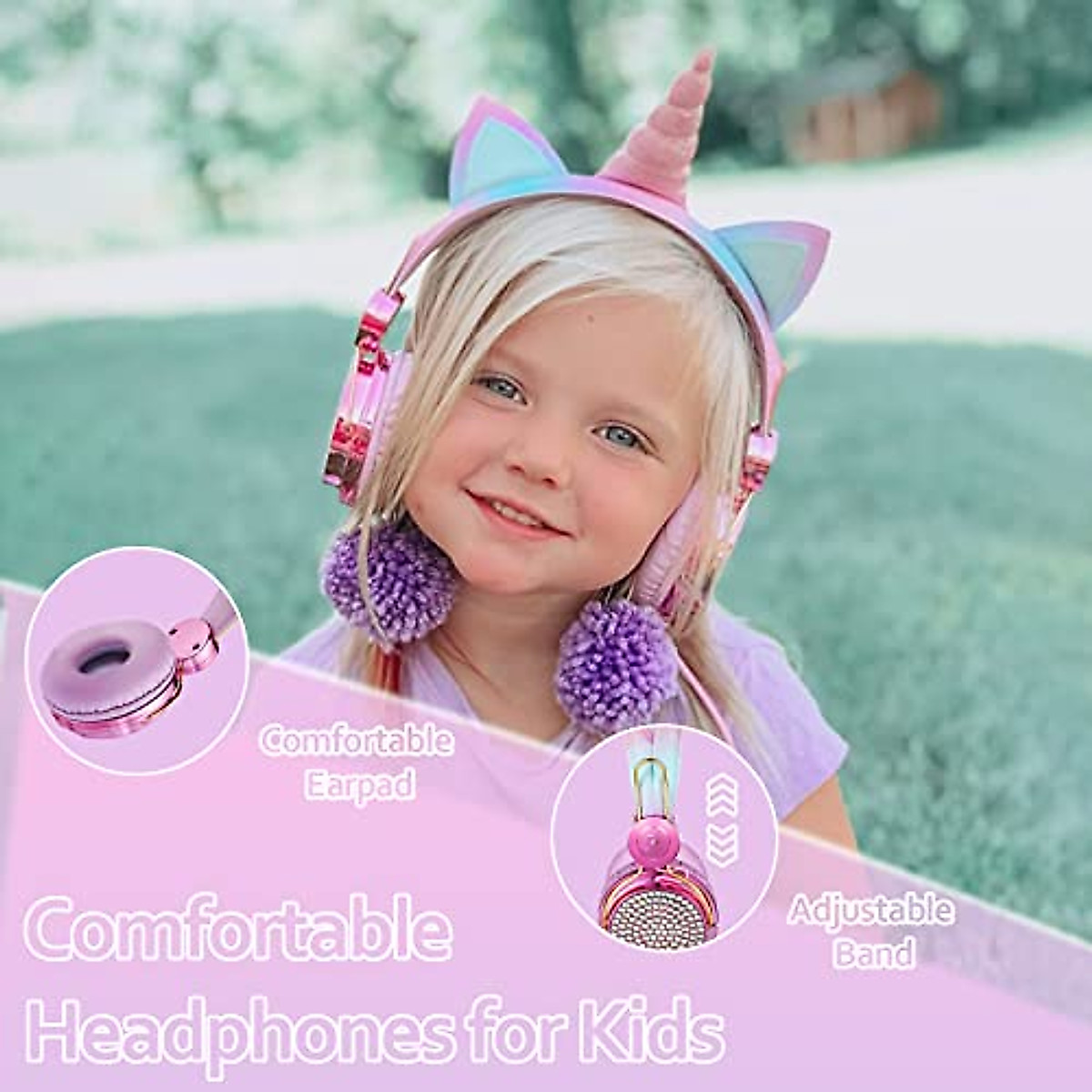 lalacosy Kids Headphones,Wired Headsets with Gifts Packing Include Sticker&Bracelet for Girls,Built-in Mic&On/Over Ear HD Stereo for Online Study/School/Tablet with Nylon Cable