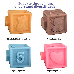 MORNSUNO Baby Blocks 6 to 12 Months,Soft Building Blocks for Babies 6 Months and up, Stacking Teething & Squeezing Toys for Infants Toddlers, Cube Blocks with Numbers Animals Fruits Textures