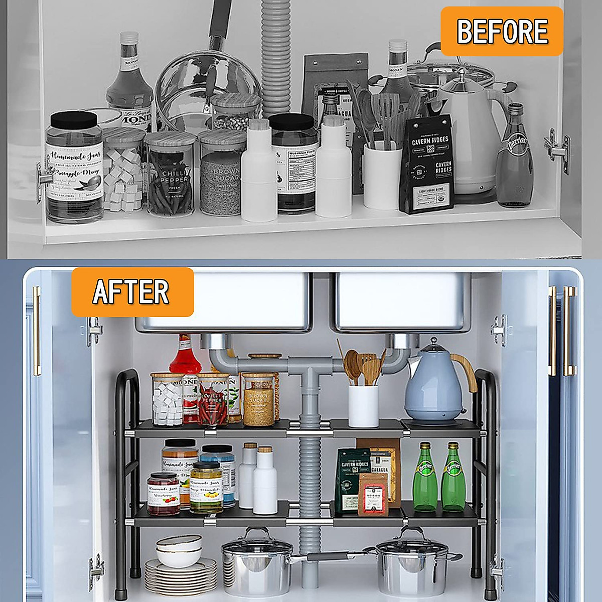 Under Sink Cabinet Shelf Organizer, Expandable Metal Under Sink Rack Storage with 8 Removable Panels for Kitchen Bathroom, 2 Tiers, White