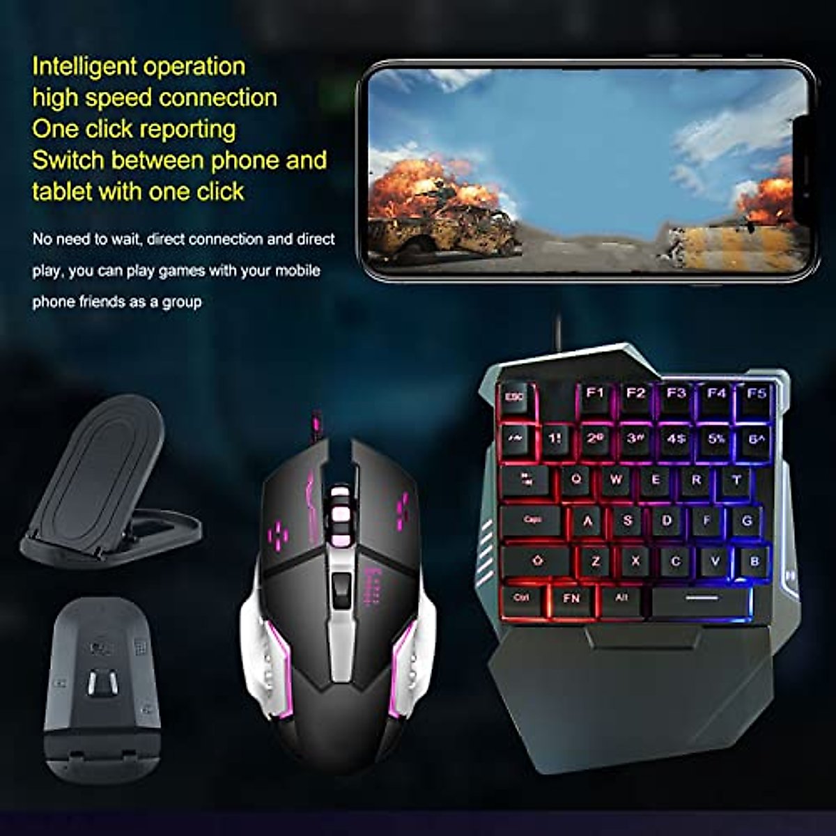 Gaming Keyboard Mouse Converter, One Hand Keyboard Mouse for Mobile Phone with 35 Keys