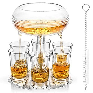 ALEVMOOM Shot Glass Dispenser and Holder,Adjustable Acrylic Shot Dispenser with 6 Drinking Glasses Made of Food Grade Plexiglass, for Beer Dispenser for Bar Parties Drinking Tools with brush