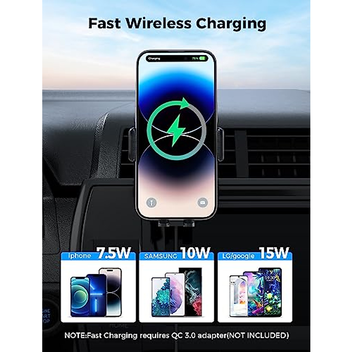 Wireless Car Charger, UGDLUCK 15W Fast Charging Car Charger Mount with Colored Lights Dashboard Windshield Air Vent Car Phone Holder fit for iPhone 14 13 12 11 Pro Max,Samsung Galaxy S23 S22 S21,etc