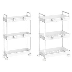 2 Pack 3 Tier Slim Storage Cart, Bathroom Organizer Laundry Room Organization Mobile Shelving Unit Slide Out Rolling Rack with Wheels for Kitchen Garage Office Small Apartment Narrow Space