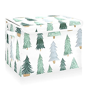 CaTaKu Forest Pine Christmas Storage Bins with Lids and Handles, Fabric Large Storage Container Cube Basket with Lid Decorative Storage Boxes for Organizing Clothes