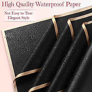 Mimorou 60 Pcs Pure Color Gold Edge Flower Wrapping Paper Waterproof Translucent Bouquet Packaging Paper Florist Bouquet Supplies for Valentine's Day Wedding DIY Crafts Gift (Black)