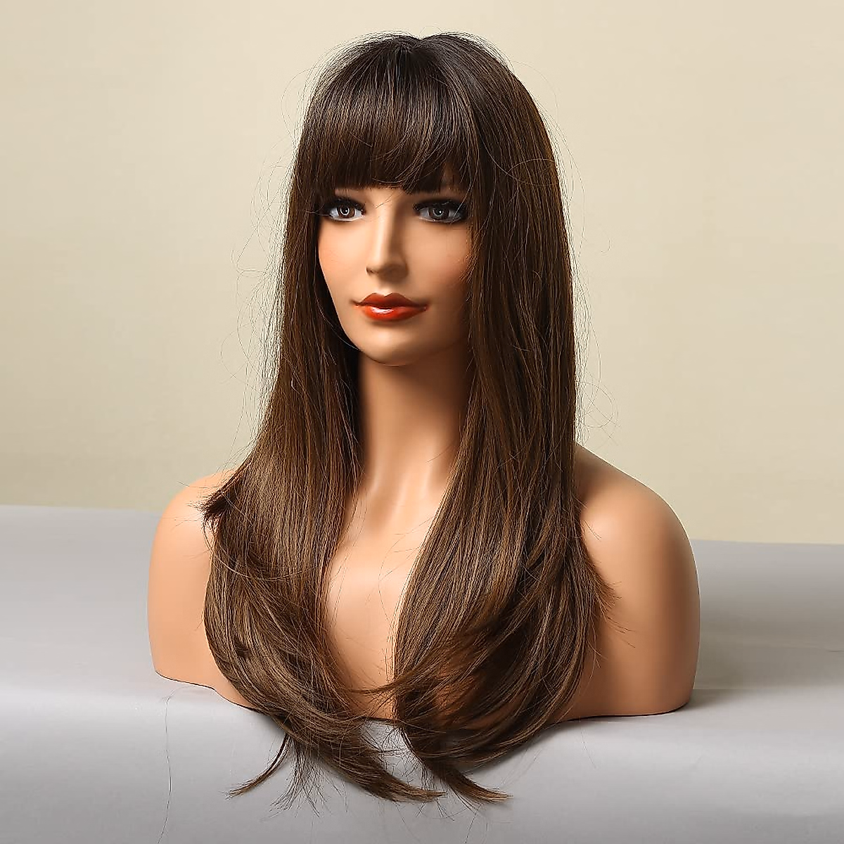 HAIRCUBE Brown Wigs for Women Long Straight layered Wig with Bangs Heat Resistant Fiber Synthetic Wigs Daily Natural looking