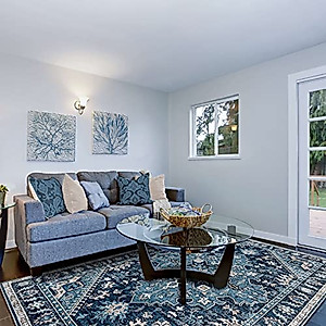 Vernal Machine Washable Non Slip Area Rug for Living Room, Bedroom, Dining Room Pet Friendly High Traffic Non-Shedding Rugs Milagros Persian Collection Carpets 5 X 7 Feet Dark Blue/Beige