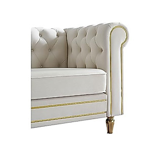 Goohome 84.65" Chesterfield Sofa, 3-Seater Velvet Deep Button Tufted Sofá Upholstered Love Seat Couches with Rolled Arm, Gold Strip Trim, for Bedroom Office Apartment Living Room Furniture, Beige