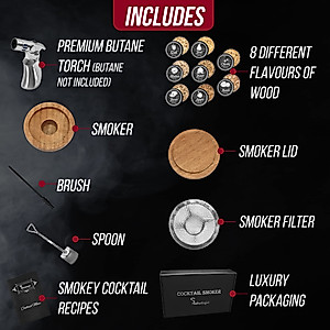 Cocktail, Whiskey, Bourbon & Old Fashioned Smoker Kit with Torch - 8 Unique Natural Wood Flavours to Smoke Your Drink (no Butane)