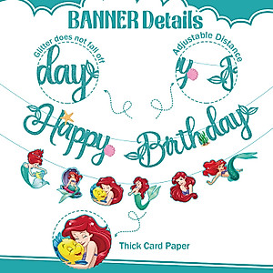 Little Mermaid Birthday Banner, Mermaid Ariel Birthday Banner, Mermaid Birthday Party Supplies Decorations for Girls Boys Birthday Party Baby Shower Cartoon Sign Decorations