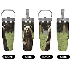 Hi Bear Sit on The Lawn 30oz Stainless Steel Insulated Tumbler with Straw & Foldable Handle - Leakproof, Double-Wall Vacuum Travel Thermos for Hot/Cold Drinks, Non-Slip Base, Fit Cup Holders