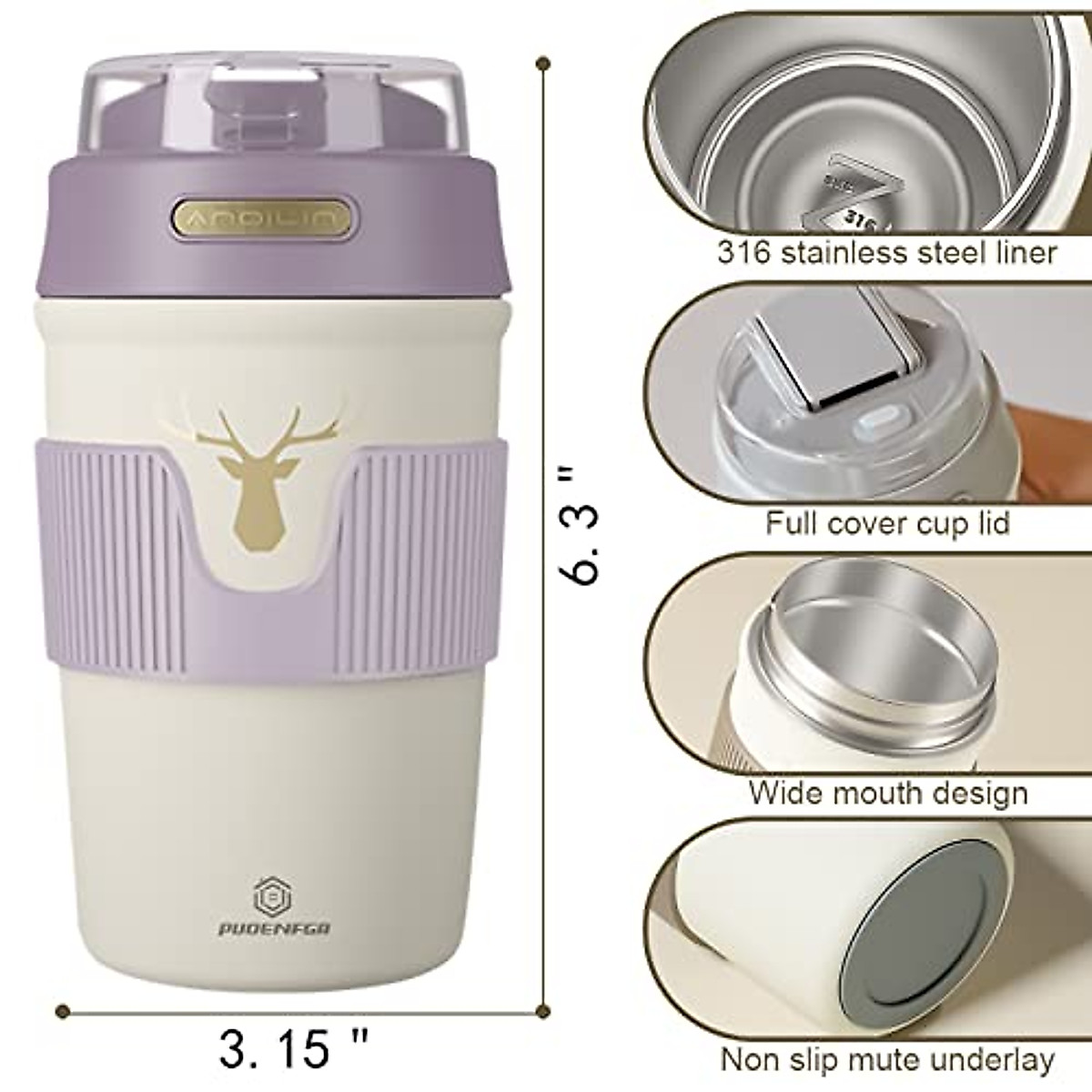 PUOENFGR Travel Insulated Coffee Mug,New Free Sip 14oz.Food Grade 316 Stainless Steel with Straw Cup Body Vacuum Anti-Scalding,Adults,Women,Kids All Like,Practical And Perfect For Gifts(Grape Purple)