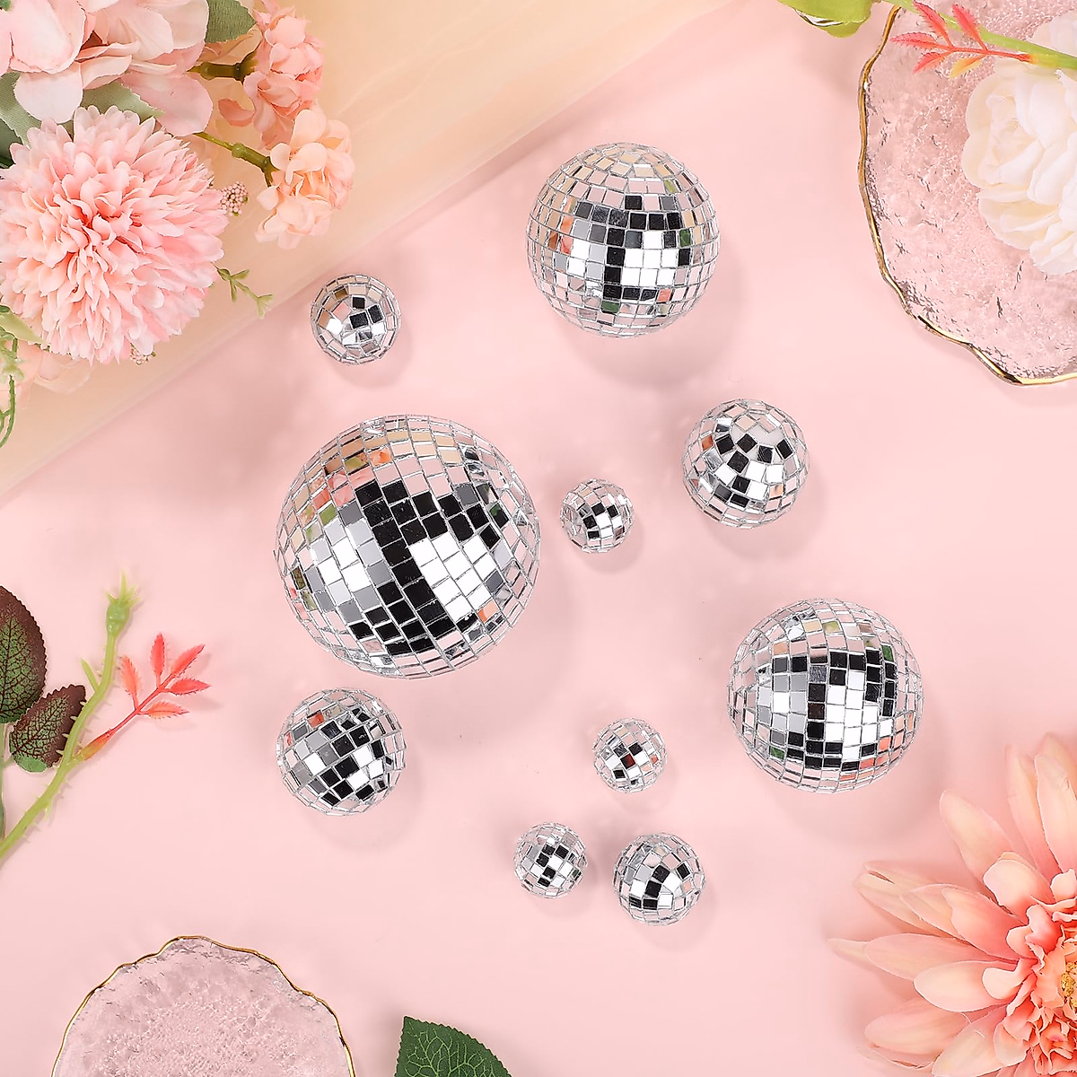 10pcs Disco Ball Cake Toppers, 5 sizes Mini Disco Balls sliver Disco Theme Accessories for Birthday Cake Party 70s Theme Party Favor Cake Disco Ball Party Decorations