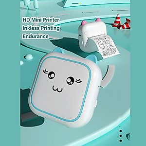 XMEYE Mini Printer Portable, Small Inkless Sticker Maker Machine with 8 Rolls Papers, Cute Cartoon Pattern Bluetooth Cordless Thermal Receipt Printers for Learning, Study Notes (Redness)