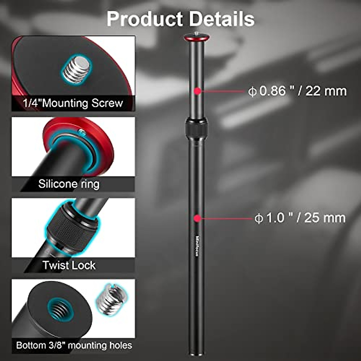MINIFOCUS Tripod Extension, 2 Section Center Columns, 23.4" Alloy Aluminum Tripod Extender Tube Telescopic Stick Rod with 1/4" 3/8" Screw, Compatible with Tripod/Gimbal/Camera, Max Load 33lb