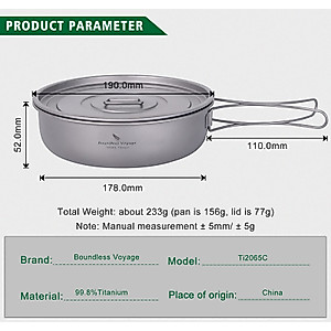 Boundless Voyage Titanium Frying Pan with Lid Portable Folding Handles Outdoor Camping Skillet Griddle Ultralight Cookware Hiking Backpacking