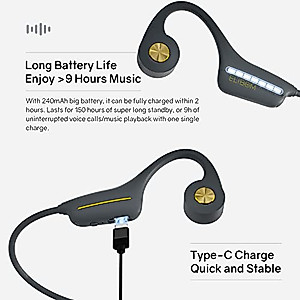 ELIBOM Bone Conduction Headphones, Bluetooth 5.2 Headset, Wireless Open-Ear Headphones, Up to 9 Hours Music&Call, IP65 Sweatproof Sports Earphones for Running, Cycling, Gym, with Arm Bag (Grey)