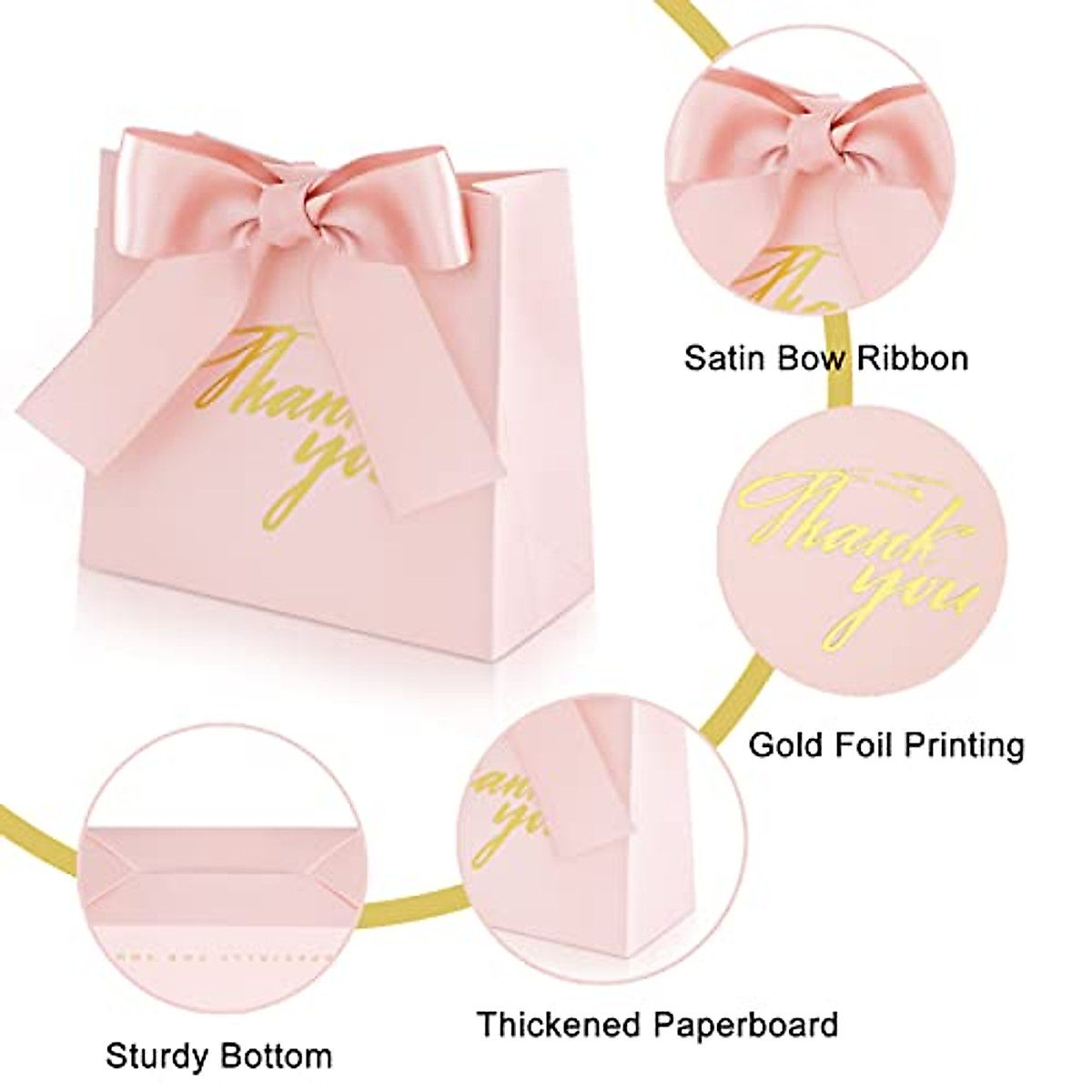 SHAIDOJIO 24Pcs Small Thank You Gift Bags, Party Favor Bag Treat Box with Bow Ribbon, Pink Pattern Mini Paper Gift Bags Bulk for Wedding, Birthday, Bridal Shower, Baby Shower (4.5x1.8x4 Inch)