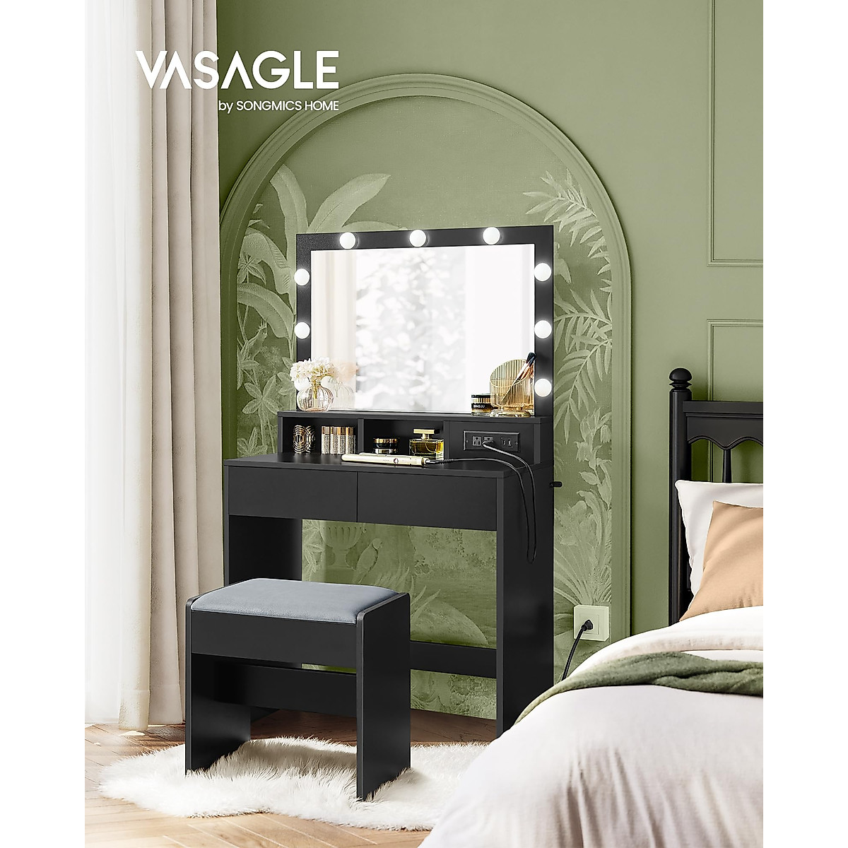VASAGLE Vanity Desk with Power Outlets, Makeup Vanity with Mirror and Lights, with Upholstered Vanity Stool, 9 Dimmable LED Lights, 2 Compartments, 2 Drawers, for Bedroom, Ink Black URDT029B01