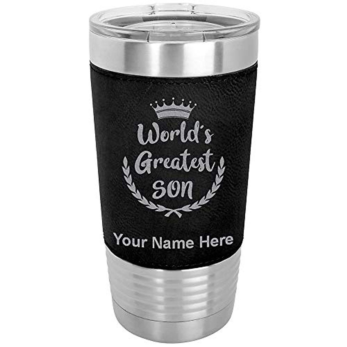 LaserGram 20oz Vacuum Insulated Tumbler Mug, World's Greatest Son, Personalized Engraving Included (Faux Leather, Black)