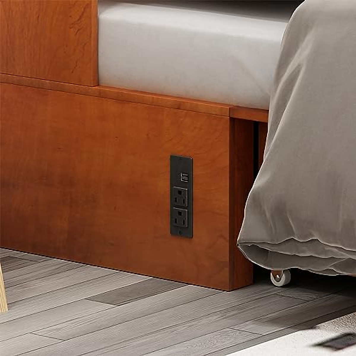 MUZZ Queen Size Murphy Cabinet Bed with Memory Foam Mattress, Charging Station and Large Drawer (Queen, Cherry)