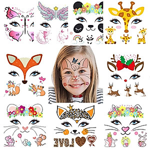 Fanoshon Animal Temporary Face Tattoo Sticker Set for Kids Adults, Water Transfer Butterfly Panda Deer Giraffe Fairy Floral Festival Body Paint Makeup Decoration Stickers for Halloween Multi-colored